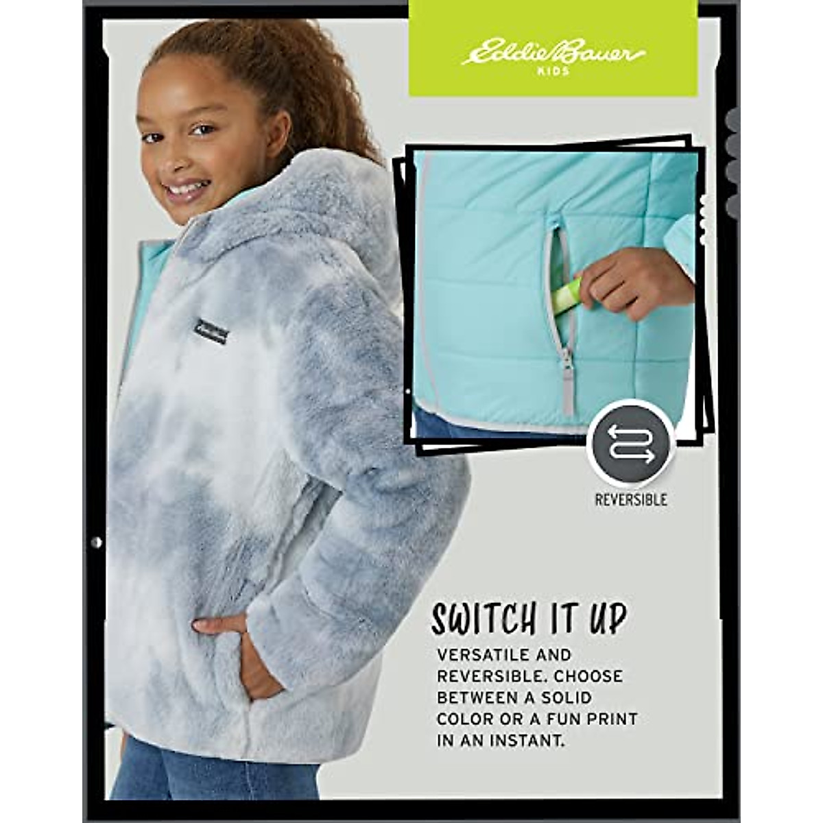 Eddie Bauer Girls' Reversible Jacket - Deer Harbor Waterproof Lightweight Puffer Coat with Faux Shearling Lining (5-20), Size 5/6, Aqua