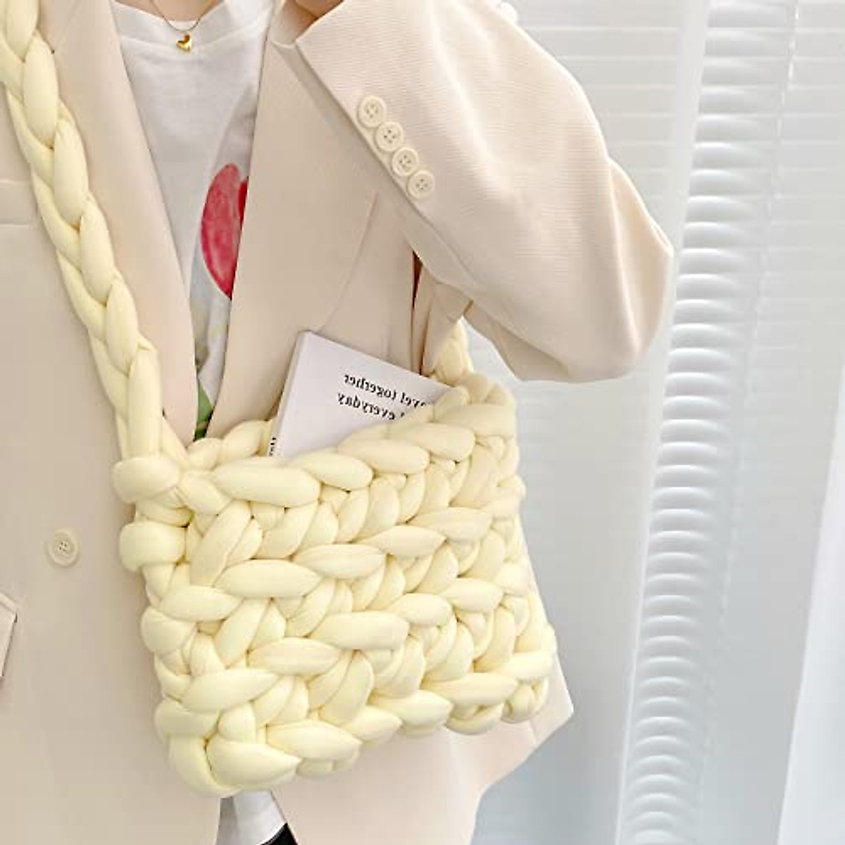 HYKYYDS Knit Handbag Space Style Wool Casual Soft Crossbody Shoulder Bag Ladies Woven Messenger Bag (White)