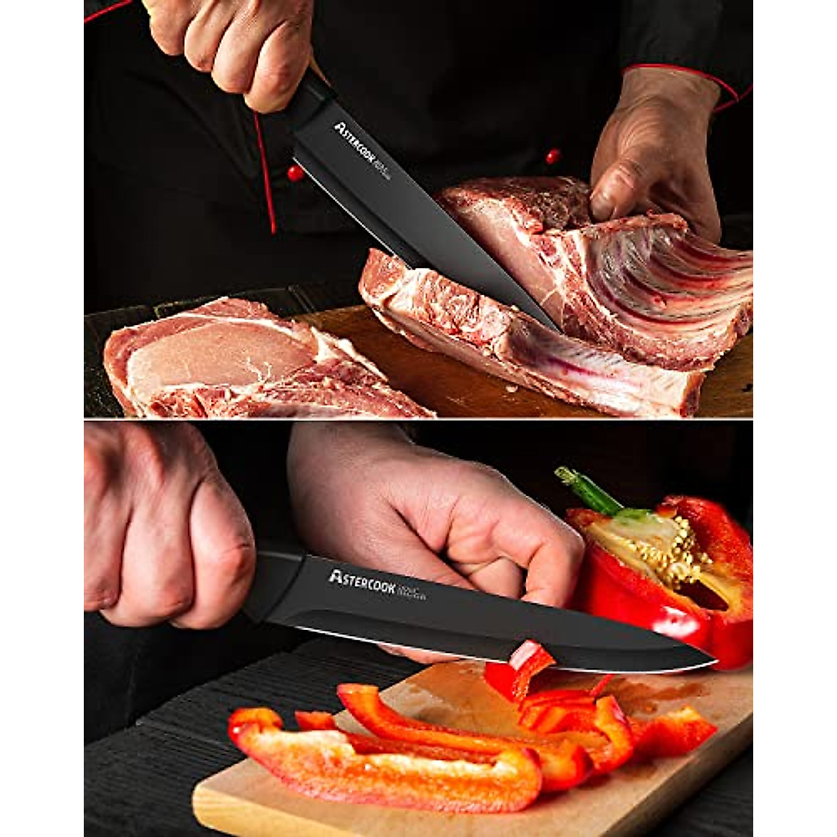 Astercook Knife Set, Kitchen Knife Set with Built-in Sharpener Block, Dishwasher Safe, 15 Pieces German Stainless Steel Knife Block Set, Black