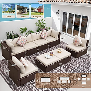 NICESOUL 8 Seat 29.3'' High Back Outdoor Furniture Set, Extra Large Brown PE Rattan Patio Conversation Sets, Deep Seating Modular Sectional with Ottoman, Oversized Conversations for Backyard, Beige