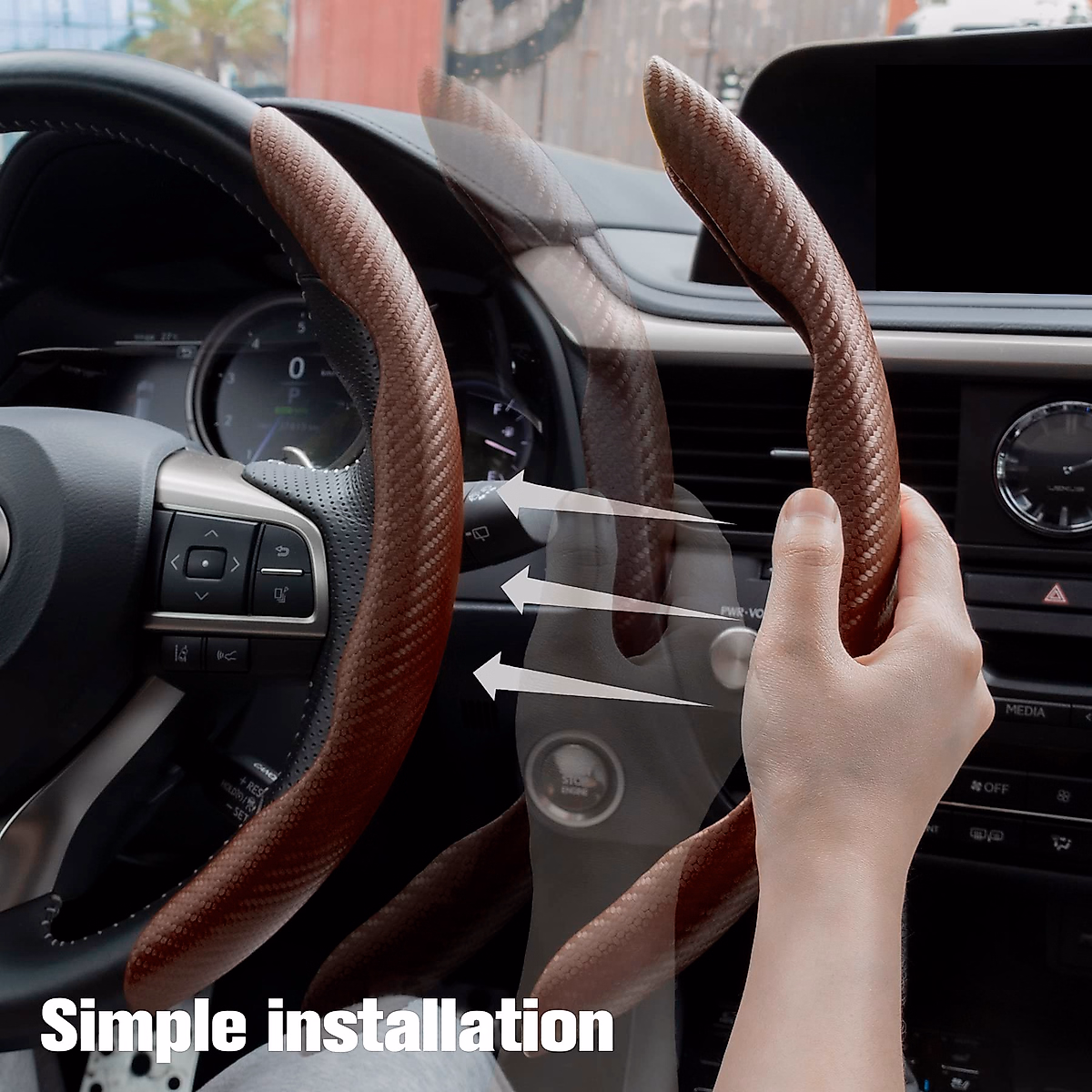 Amiss Car Carbon Fiber Anti-Skid Steering Wheel Cover/ Interior Accessories, Segmented Butterfly Universal 99% Wheel Cover Protector (Champagne)