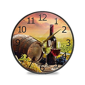 ALAZA Barrel Wineglasses Cheese Bottle Vineyard Sunset Acrylic Painted Silent Non-Ticking Round Wall Clock, 12 Inch Battery Operated Quiet Bathroom Clock for Living Room Bedroom Kitchen Office Decor