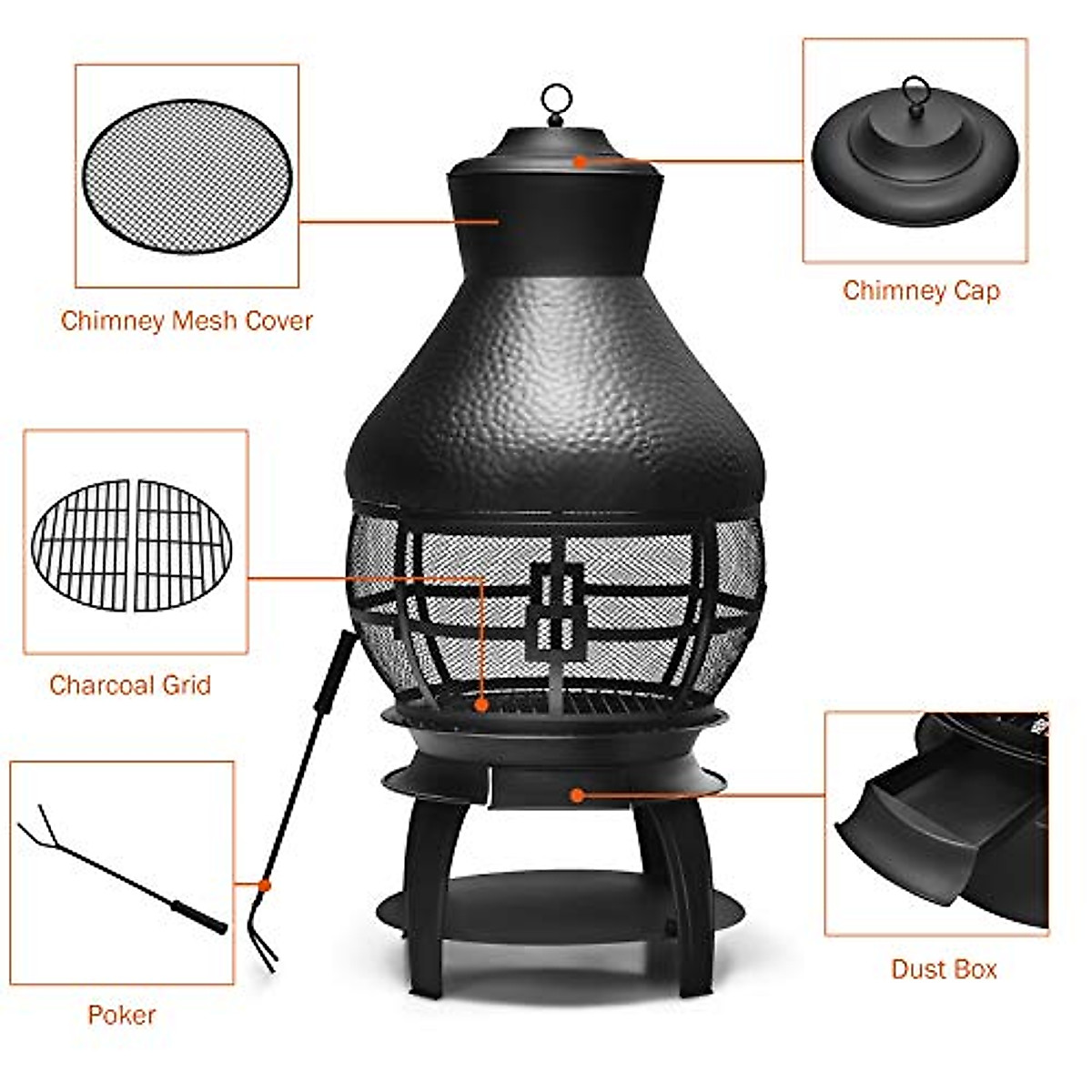 Giantex Wood Burning Chiminea, Heavy Duty Fireplace Chimenea Wooden Fire Pit with 2-Piece Log Grate, Premium Rain Cap & Fire Poker, 360°Fire Retardant Mesh Cover, Ideal for Garden, Patio, Backyard