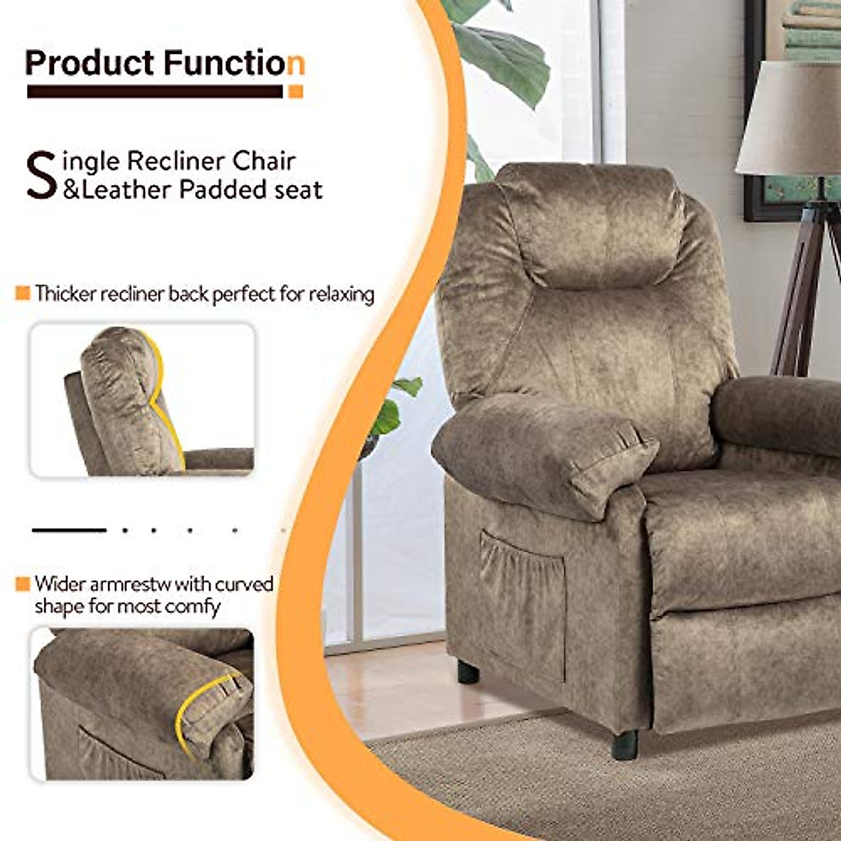 KCREAM Recliner Chair Massage Heated Fabric Overstuffed Ergonomic Lounge Chair for Living Room Single Sofa Chair Padded Seat with 2 Side Pockets, Vibration Function Reclining Chair (Brown)