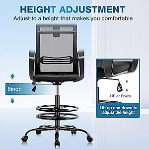 HOMEFLA Mid-Back Mesh Drafting Chair - Tall Office Chair with Armrest Standing Desk Chair Counter Height with Adjustable Foot Ring (Black)
