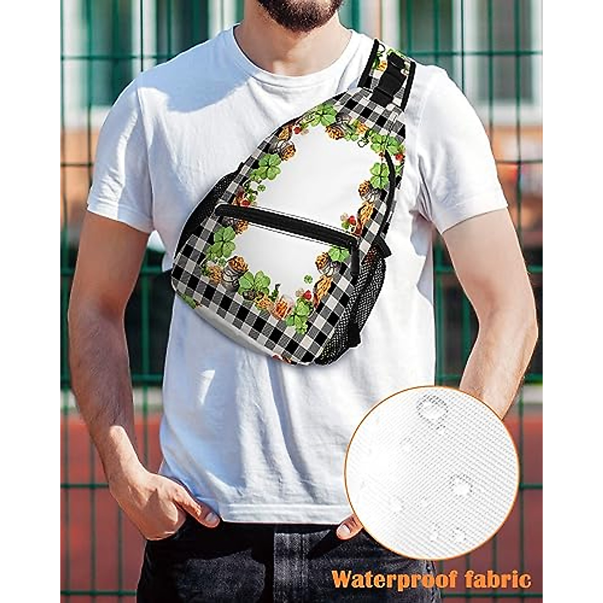 Gsypo Sling Backpack, St.Patrick's Day Shamrocks Gold Black Buffalo Plaid Waterproof Lightweight Small Sling Bag, Travel Chest Bag Crossbody Shoulder Bag Hiking Daypack for Women Men