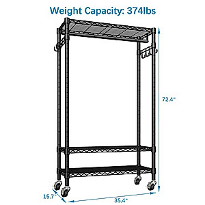 VIPEK X1 Plus Rolling Garment Rack Heavy Duty Clothes Rack for Hanging Clothes, Portable Closet Wardrobe with Wheels and Side Hooks, Adjustable Freestanding Metal Clothing Rack with Shelves, Black
