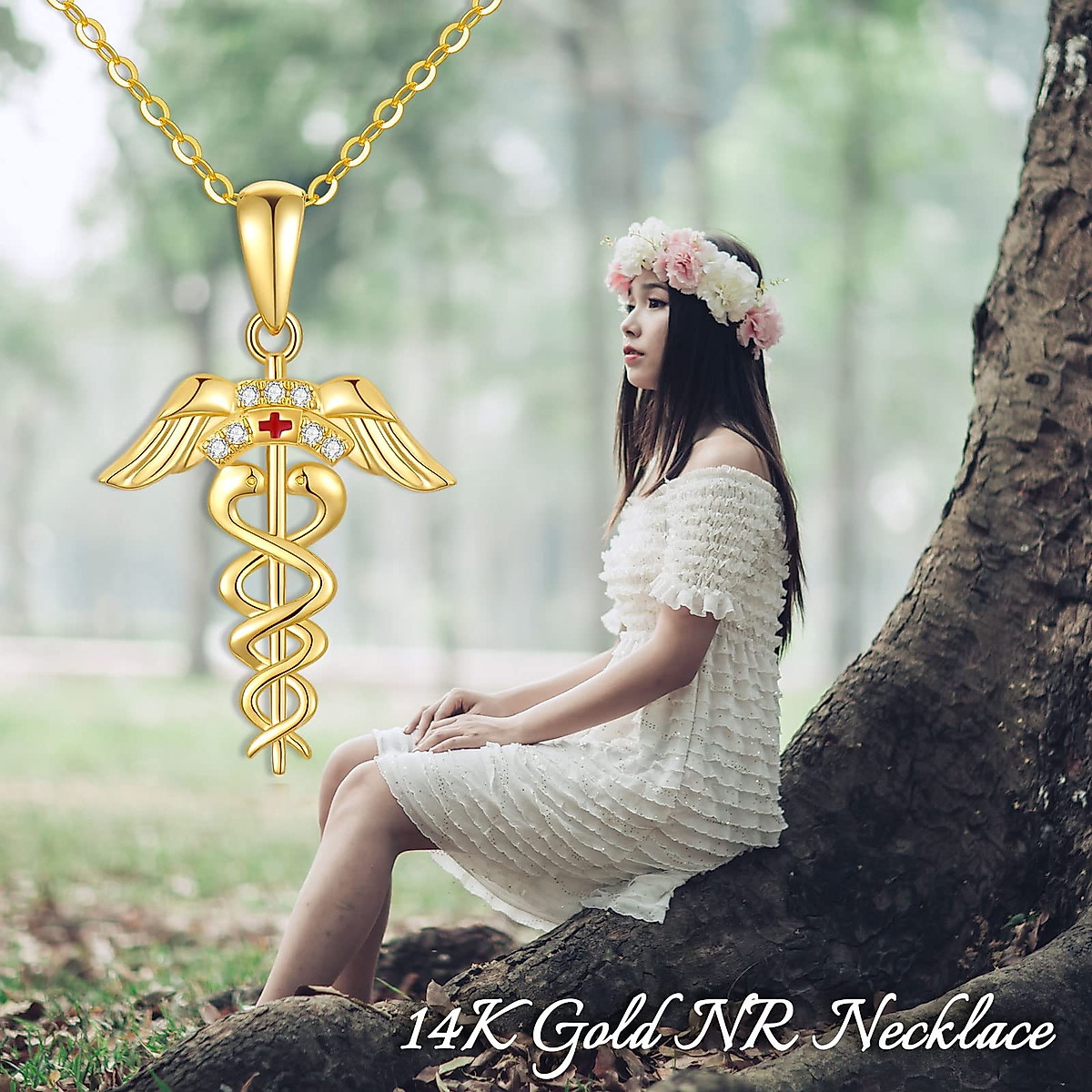 WSX Real 14k Yellow Gold Registered Nurse Necklace for Women RN Caduceus Pendant Medical Symbol Charm Fine Jewelry Gifts for Her
