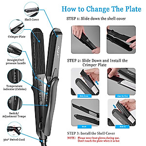 Hair Crimper, Crimping Irons Hair Straightener Flat Iron with 4 Interchangeable Tourmaline Ceramic Plate Adjustable Temperature for All Hair Type