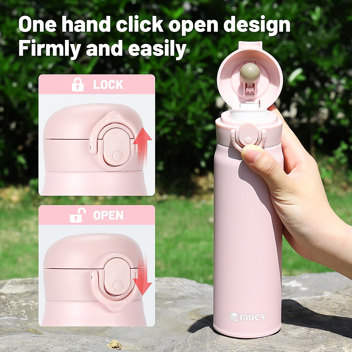 MUCR 17 oz / 500 ml Insulated Water Bottle, Stainless Steel Thermo Coffee Travel Mug, Thermal Cup with Snap Flip Lid, BPA Free for Hot and Cold Drinking, Pink