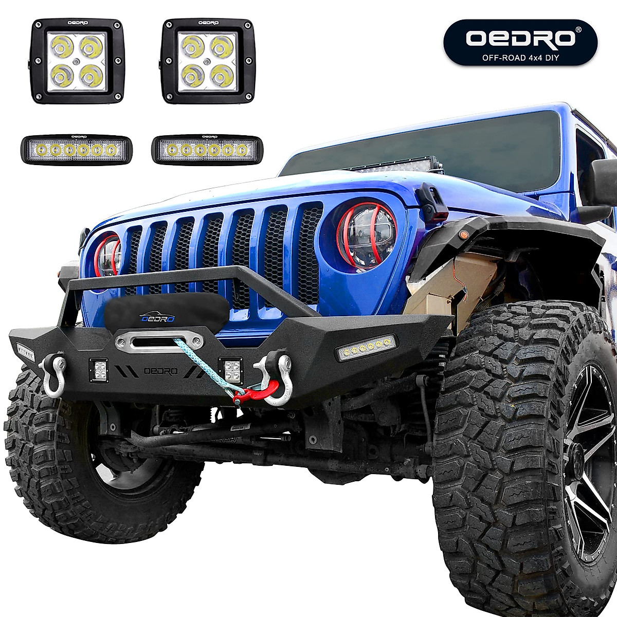 OEDRO Front & Rear Bumpers w/Tire Carrier Compatible for 2018-2025 Jeep Wrangler JL & Unlimited JLU (2/4 Doors), Full Width Back Bumper w/ 4 x LED Lights & Hitch Receiver & D-Rings & Reflective Armor
