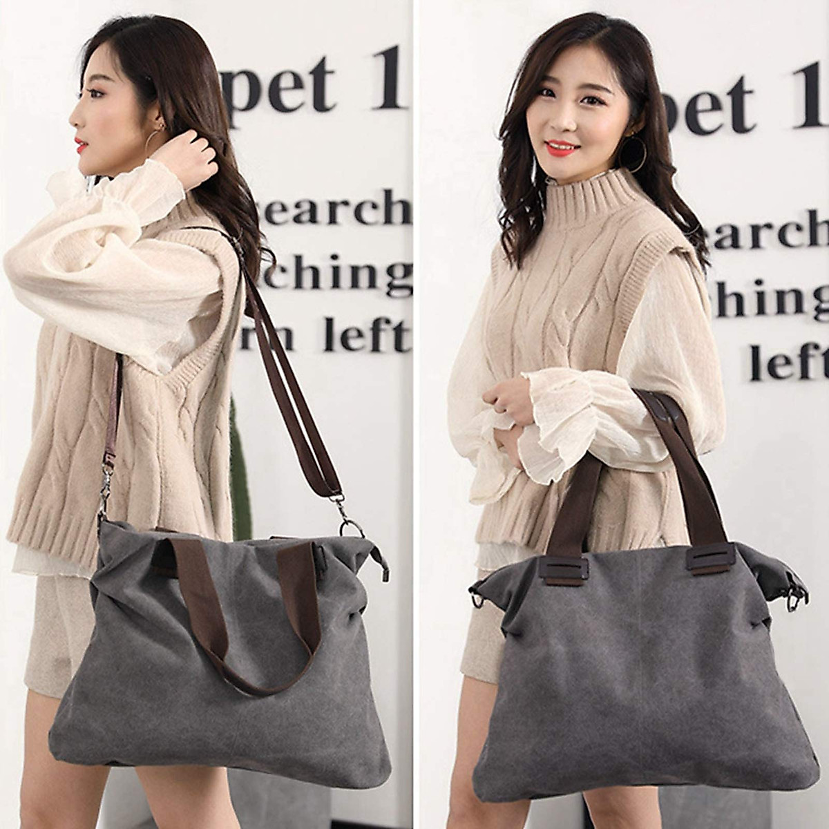 Sunshinejing Women's Canvas Tote Bag Shoulder Crossbody Purses Work Travel Handbag Hobo Bag (Grey)