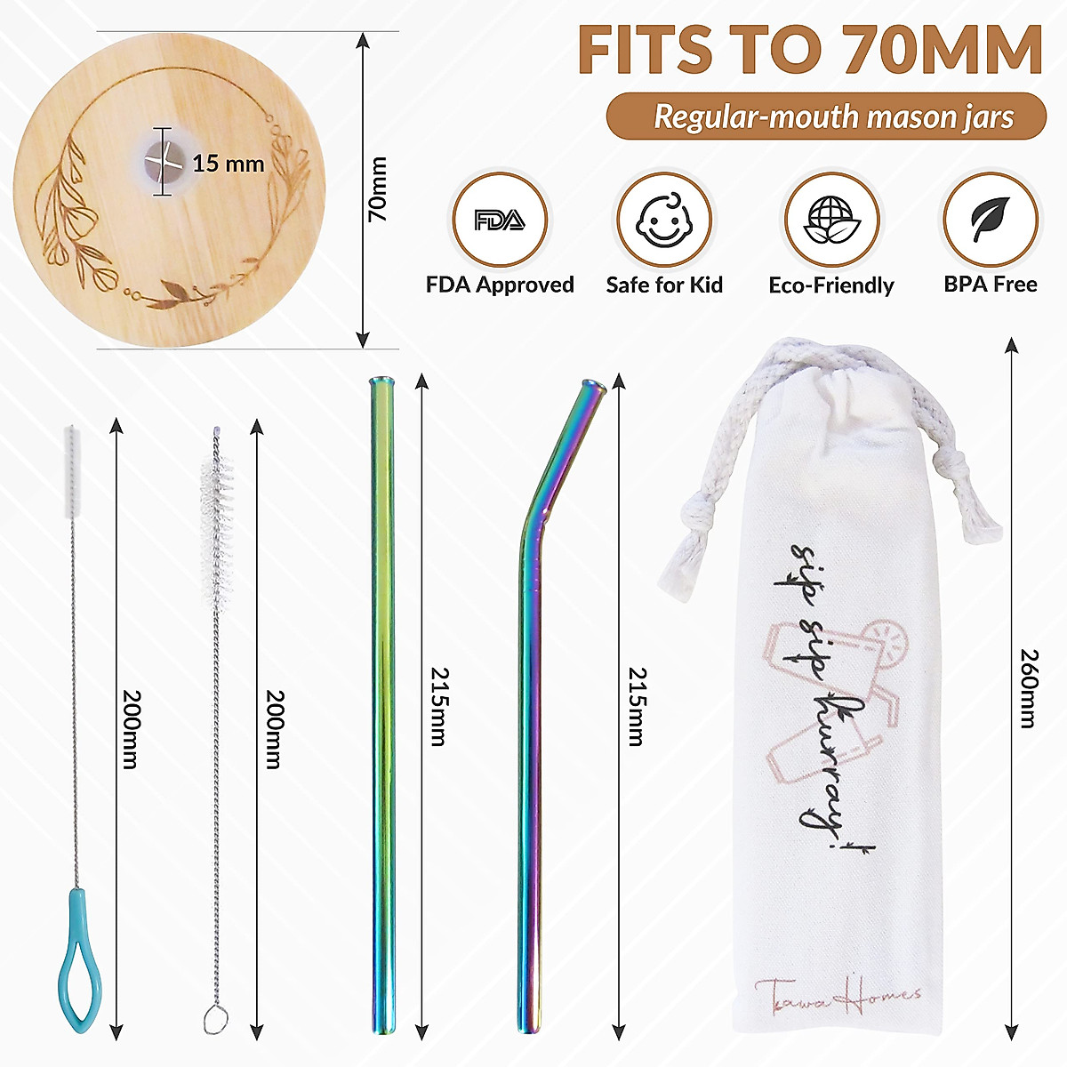 Tawa Homes Bamboo Mason Jar Lids with Straw Hole - 70 mm Lids for Beer Can Glass Cups with Silicone Straw Hole Plug 16 oz - 6 Pcs Regular Mouth Lid with 6 Stainless Steel Straw, 2 Cleaning Brush & Bag