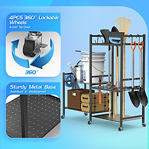 POLARPRA Garden Tool Organizer, Garden Tool Storage Rack with 6 Hooks and 2-tier Metal Shelves, Yard Tool Organizer Cart for Garage with Wheels Stand up to 35 Long-Handled Tools for Shed, Outdoor