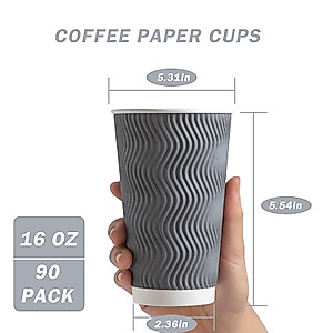 Clawsoff 90 Pack 16 oz Disposable Coffee Cups No Lids, Gray Insulated Ripple Wall Paper Coffee Cups 16oz, Corrugated Beverage Paper Cups, To Go Cups for Hot Chocolate Tea Home Travel Office