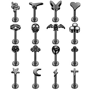 Drperfect Tragus Piercing Jewelry for Women Men 16G 8MM Helix Cartilage Conch Earring Stud Stainless Steel Internally Threaded Medusa Lip Monroe Ring Labret Nose Stud Set Black