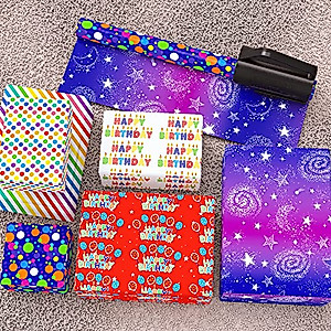 THMORT Birthday Wrapping Paper Roll with a Cutter Kit for Boys&Girls,Adults,Kids, Double Sided Gradient Mini Rolls 17 Inch X 120 Inch Galaxy Wrapping Paper Gift Wrap Roll Colorful Happy Birthday Lettering.