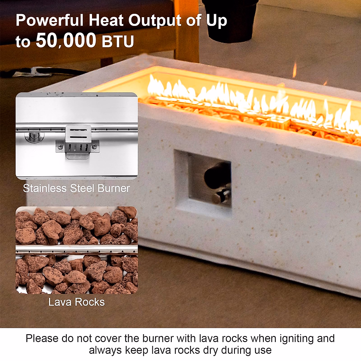 Tangkula 50,000 BTU Outdoor Fire Pit Table, 42" Rectangle Terrazzo Propane Gas Fire Table with Auto-Ignition, Stainless Steel Burner, Lava Rocks & Rain Cover for Patio Backyard Poolside, CSA Certified