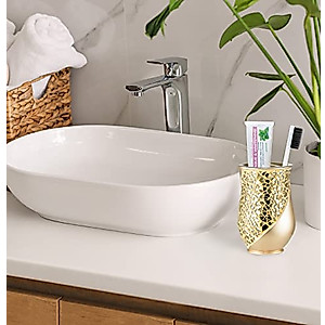 Zahari Home 4pc Sinatra Stylish Bathroom Accessories Set Champagne Gold Soap Dispenser Pump, Tumbler, Tooth Brush Holder and Soap Dish Modern Decor Bling Mosaic Glass Gold Bathroom Accessories