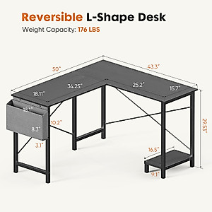 Sweetcrispy L Shaped Desk Gaming Computer 50 Inch Reversible Corner Table PC Work Table for Writing Study Student with Wood Tabletop Metal Frame CPU Stand Side Bag for Home Office Small Place, Black