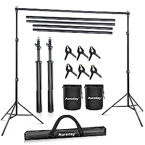 Aureday Backdrop Stand, 8.5x10ft Adjustable Photo Backdrop Stand for Parties, Heavy Duty Background Stand with Travel Bag, 6 Backdrop Clamps, 4 Crossbars, 2 Sandbags for Wedding/Decorations/Photoshoot