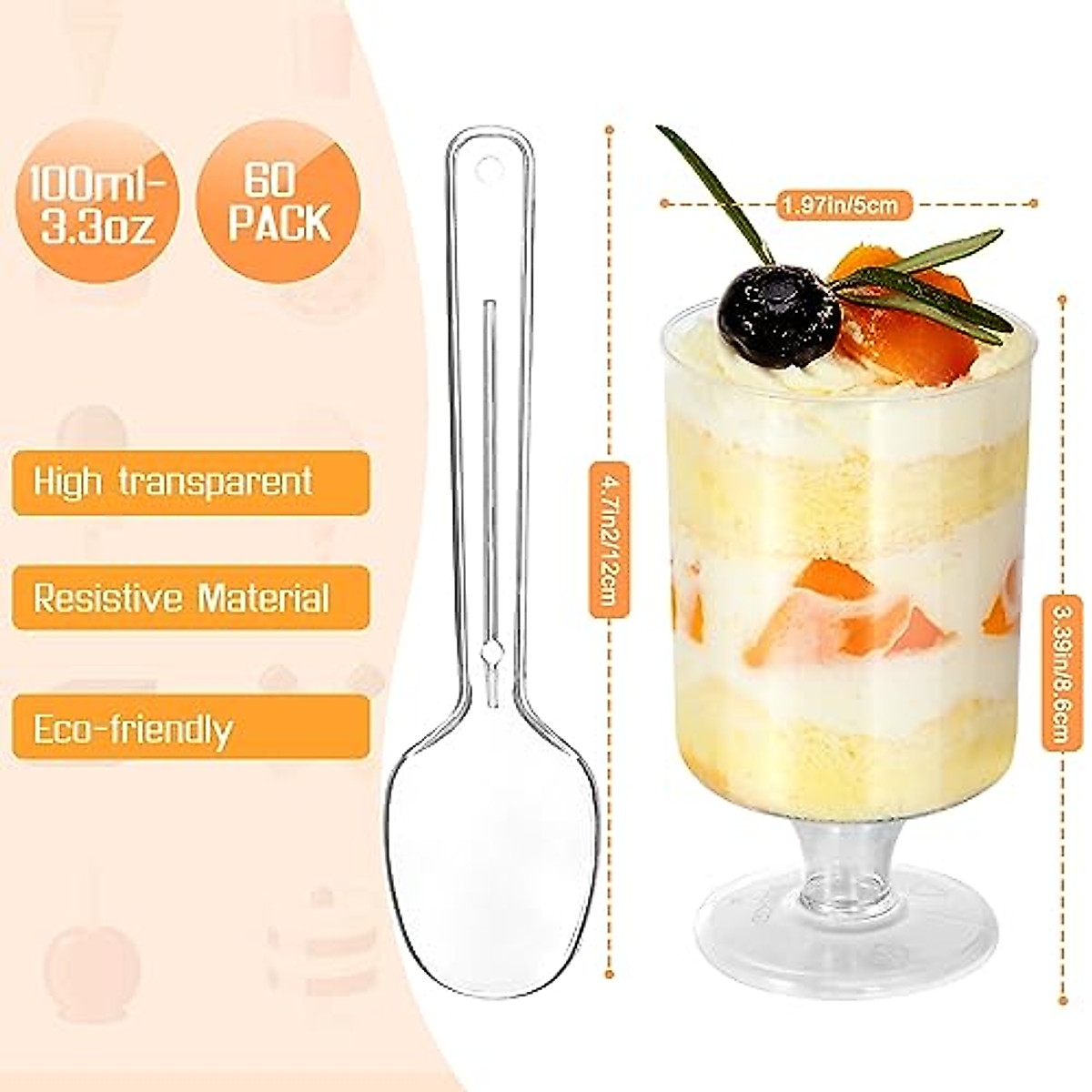 HawHawToys 60 Pack 3 Oz Mini Dessert Cups Disposable Appetizer Cup Goblet,Pedestal Clear Plastic Wine Glasses Parfait Appetizer Cups Serving Bowls for Tasting Party, Wedding, Birthday