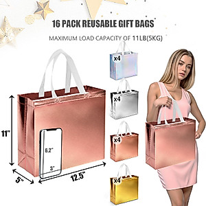 JOHOUSE 16PCS Party Favor Bags with Handles, 12.6 x 5 x 11 Inch Large Reusable Gift Bags with Glossy Finish Gold Silver Rose Iridescent Non-woven Bags for Kids Birthday Wedding Party Favors