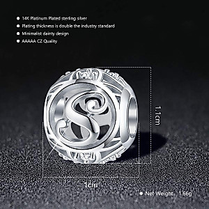 FOREVER QUEEN Letter Charm Initial A-Z Alphabet Charm Dangle Charm for Bracelet Necklace, 925 Sterling Silver CZ Beads Charm Personalized Jewelry Gift for Men Women Girls Birthday Valentine’s Day (S)
