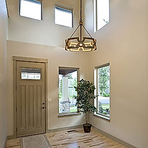 LALUZ Farmhouse Chandelier, Wood Drum Chandelier for Kitchen Island, Foyer, Dining Room, Distressed White, 3-Light, 19.5" Dia