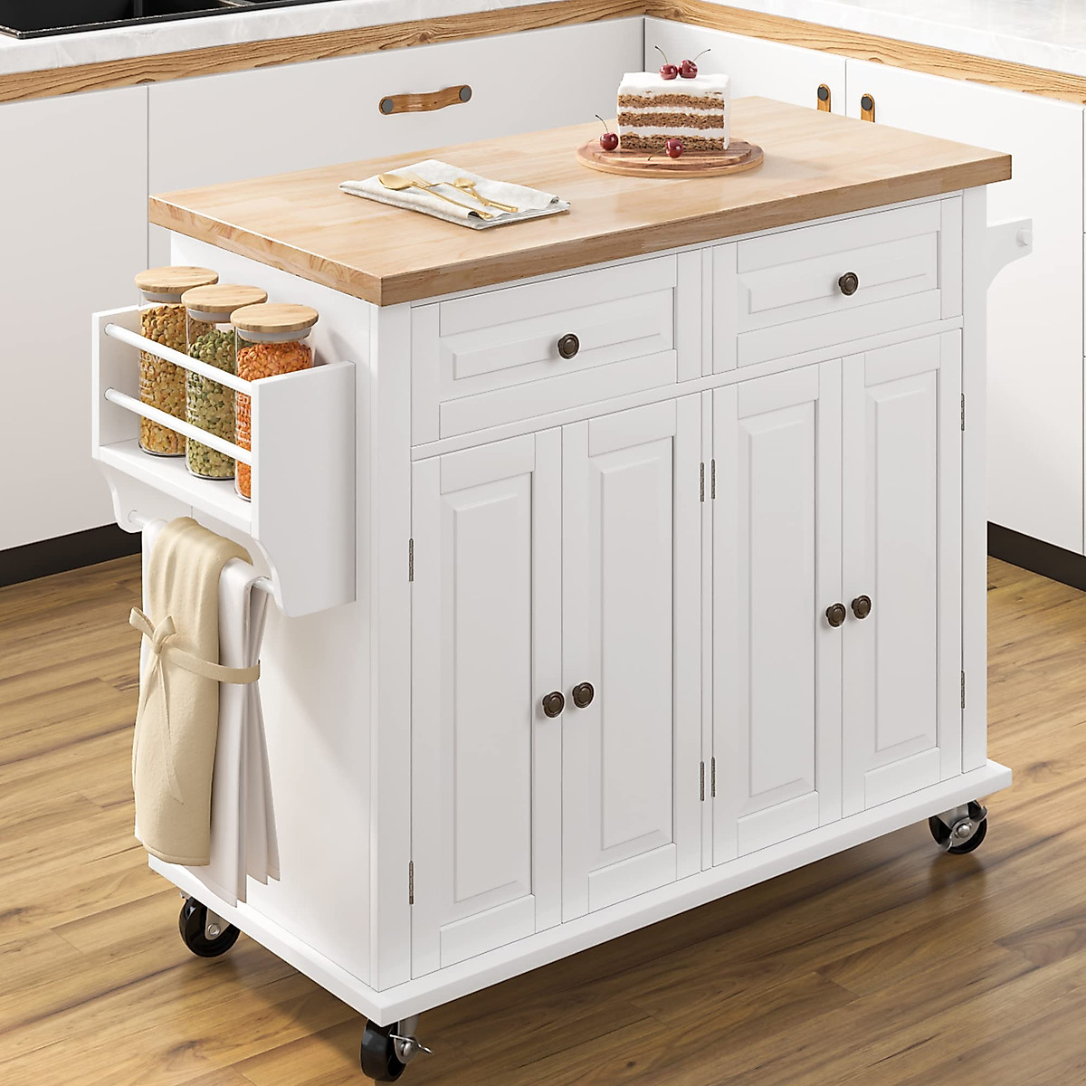 43“ Rolling Mobile Kitchen Island Cart on Wheels with Drawers, Storage Cabinet, Rubberwood Countertop and Spice/ Towel Rack, Adjustable Shelves, White
