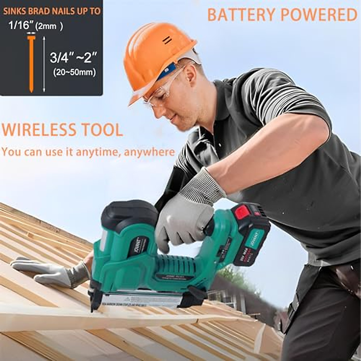 Cordless Brad Nailer w/2-Max Batteries & Charger, 2" Length Nails -18GA 1/4" Narrow Crown Staples, Nail Gun Battery Powered, Staple Gun with 2240pcs Staples & Nails(Jovant)