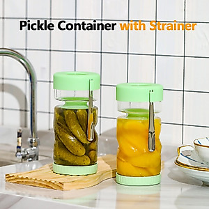 fruui Glass Pickle Jar with Strainer Flip and Stainless Steel Fork, 36oz Leakproof Airtight Pickle Container with Strainer, Hourglass Pickle Juice Separator Jar for Capers, Olive and Jalapenos