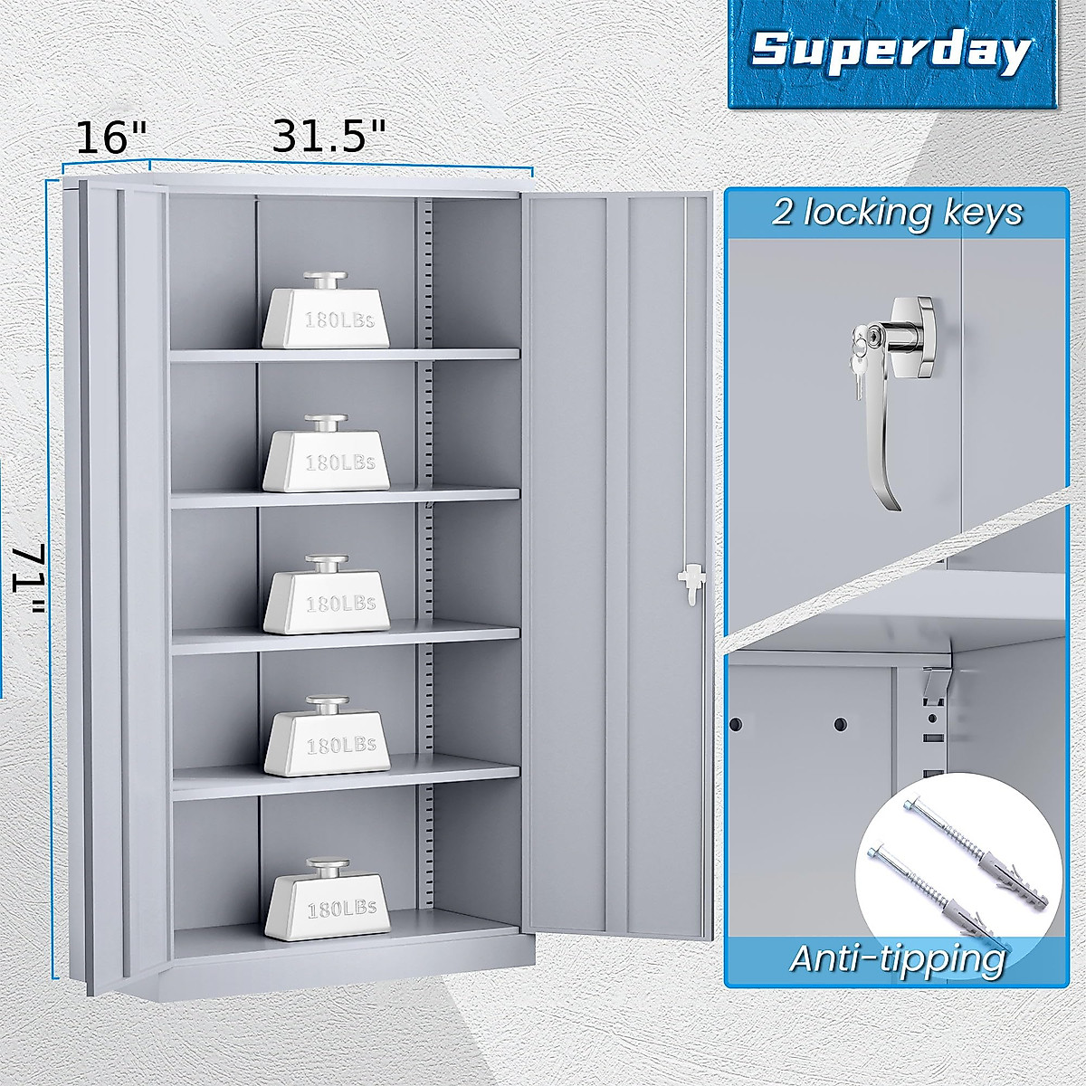 Superday 71" Lockable Steel Storage Cabinet, Locking Metal Storage Cabinets, Grey Metal Cabinet with 2 Doors and 4 Adjustable Shelves for Garage, Home Office, Classroom, File, Easy Assemble