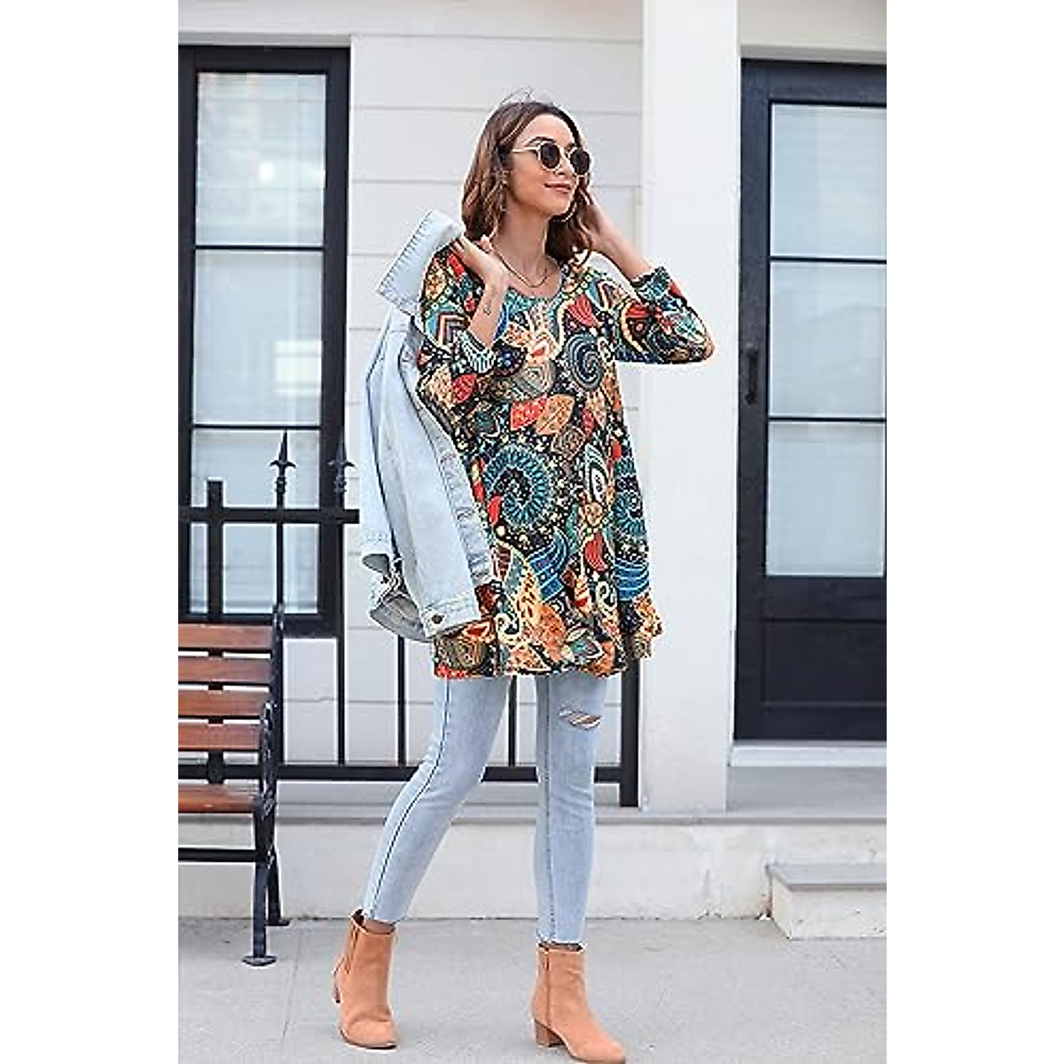 ENMAIN Womens Tunic Tops 3/4 Sleeve Dressy Casual Plus Size Tunic Tops to Wear with Leggings Loose Fit Swing Fall Orange T-Shirt Ladies Blouses