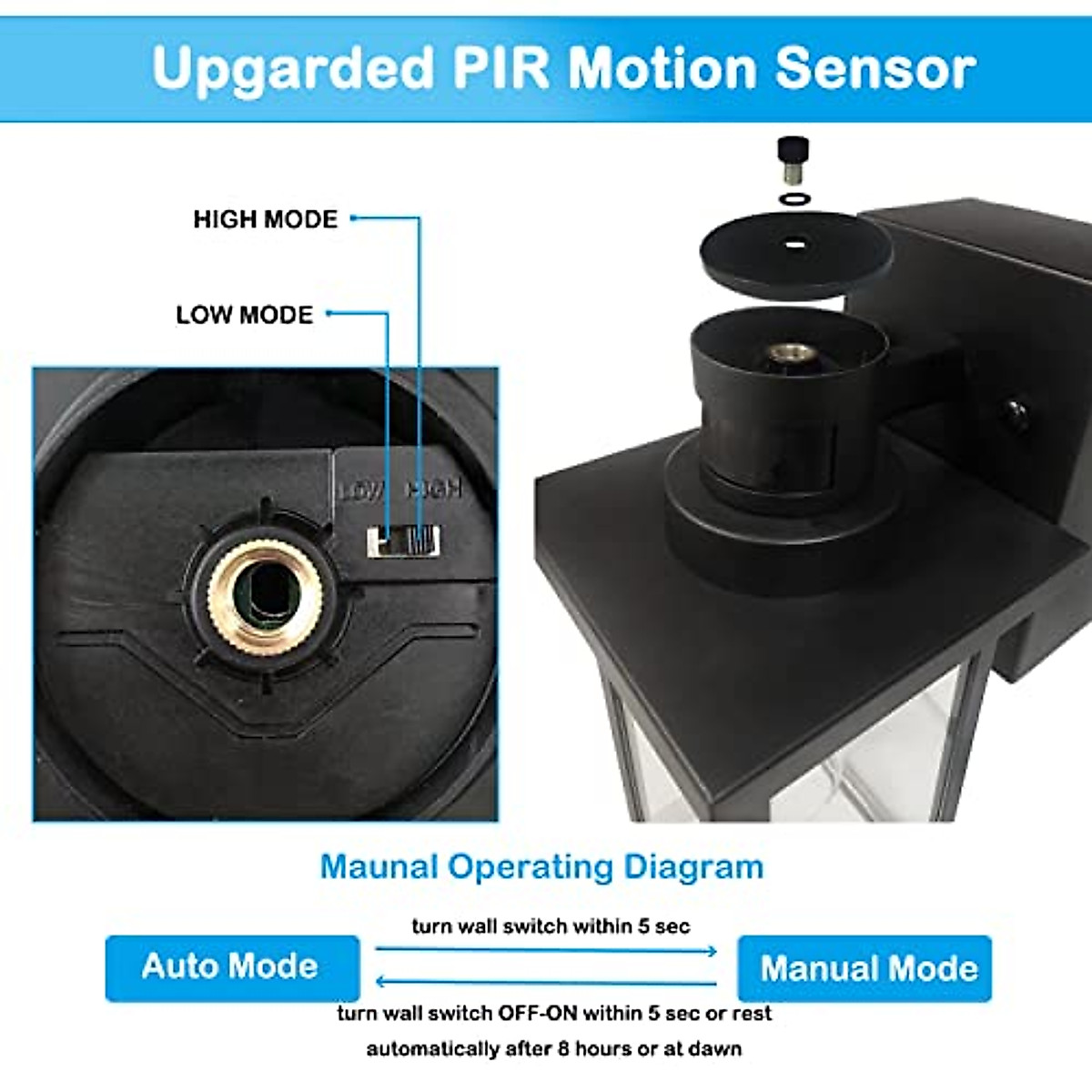 SUNTOWN Dusk to Dawn Motion Sensor Outdoor Porch Lights with GFCI Outlet, Waterproof Anti-Rust Outside Wall Mount Light with 3 Modes, Black Exterior Lighting Fixture for House Garage