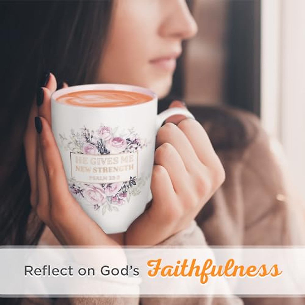 Christian Art Gifts Ceramic Coffee Mug 12 oz Inspirational Coffee Cup for Women – Women He Gives Me New Strength: Psalm 23:3 – Lead and Cadmium-Free Drinkware, White and Pink Floral Mug