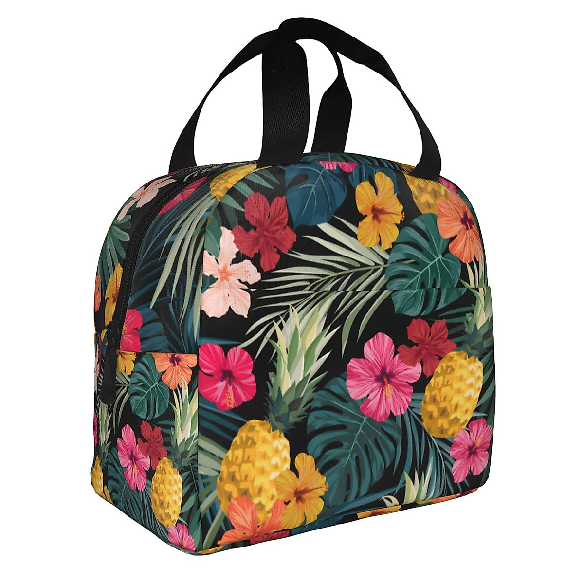 Fiokroo Lunch Bag Insulated Palm Leaves Hibiscus Flowers Lunch Box Tropical Pineapples Fruit Reusable Lunch Tote Bag For School Work College Outdoor Travel Picnic, 6l