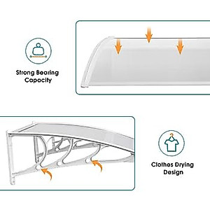 MCombo 39 inch x 38.6 inch Window Awning Outdoor Polycarbonate Hollow Sheet Door Patio Canopy (Clear Hollow Sheet/Pure Bracket+Grey Aluminum Fixing Bar)