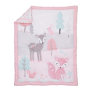 NoJo Sweet Forest Friends - Pink, Aqua, Grey & White 4Piece Nursery Crib Bedding Set - Comforter, Fitted Crib Sheet, Dust Ruffle, Diaper Stacker, Pink, Aqua, Grey, White