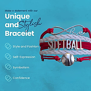 Softball Charm Bracelet (Red/White) Bracelets, Adjustable Bracelet with Softball Charm. Braided Bracelets for Softball Players, Softball Team, and Coaches - by SPORTYBELLA
