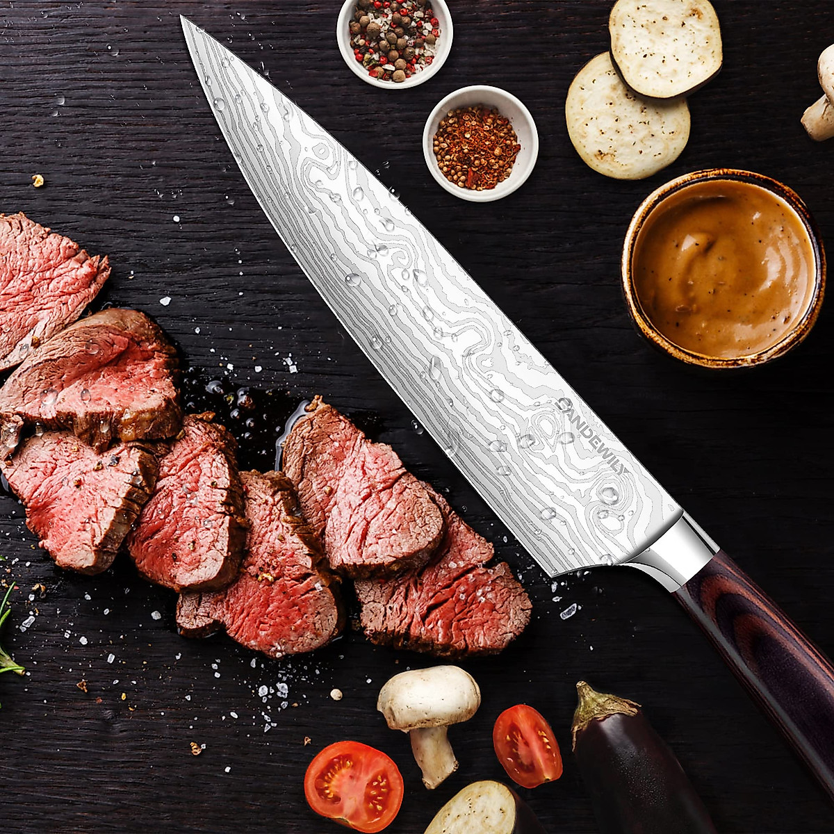 SANDEWILY 5PCS Chef Knife Set - Ultra Sharp Japanese Knives with High Carbon Stainless Steel Blades and Ergonomic Pakkawood Handle in an Elegant Gift Box