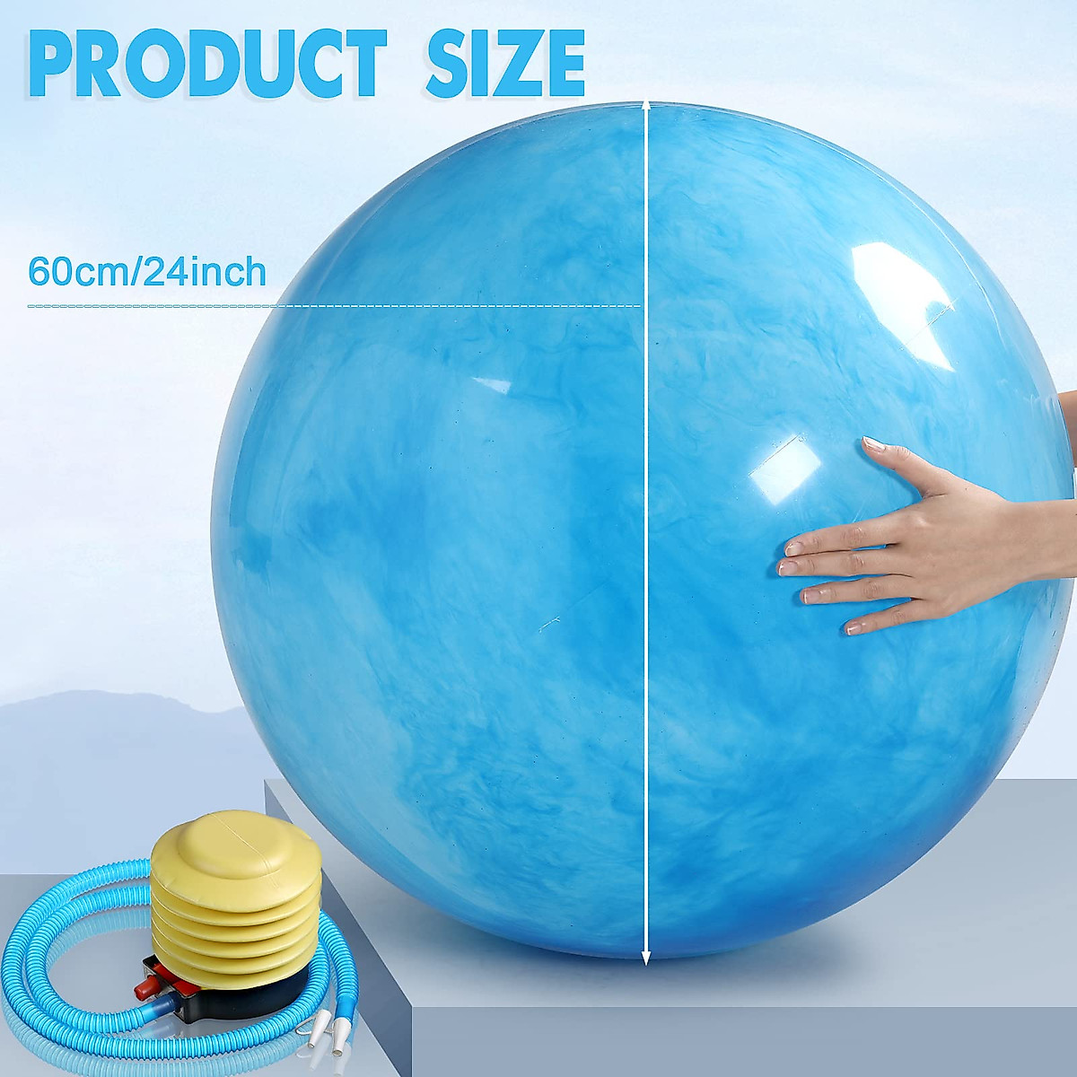 Jadive 2 Pcs 24 Inch Marbleized Bouncy Balls Giant Bouncing Balls Large Size Playground Huge Ball Rubber Sensory Balls with Air Pump for Kids Beach Play Toys Indoor Outdoor Activities, Red, Blue