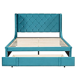 YuiHome Queen Size Velvet Upholstered Platform Bed with a Big Drawer, Queen Storage Bed with Wingback Headboard for Bedroom Guestroom, No Box Spring Needed, Blue
