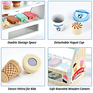Wooden Ice Cream Toys Kids Play Store Pretend Toy for Toddlers, Play Kitchen Accessories with Scoop & Menu & Fake Money, Ideal Ice Cream Play Set Gifts for 3 4 5 6 7 8 Year Old Girls Boys