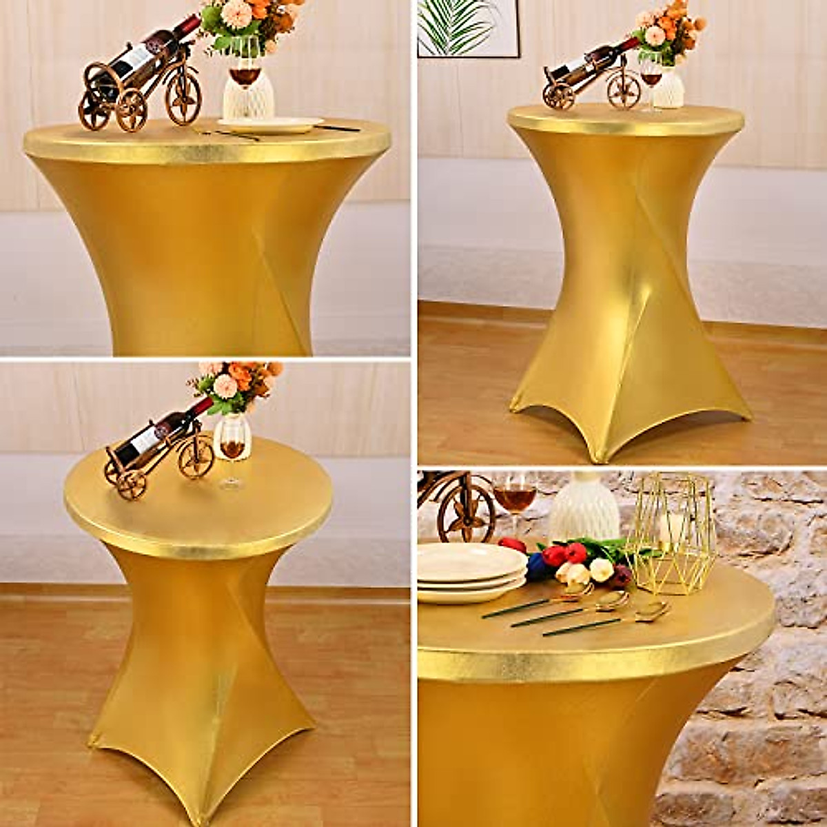 4 Pack Cocktail Spandex Stretch Square Corners Tablecloth, 32"x43" Metallic Gold Spandex Cocktail Table Cover, Fitted High Top Round Table Cloth for Wedding Bar Party Events Home Decor Supplies