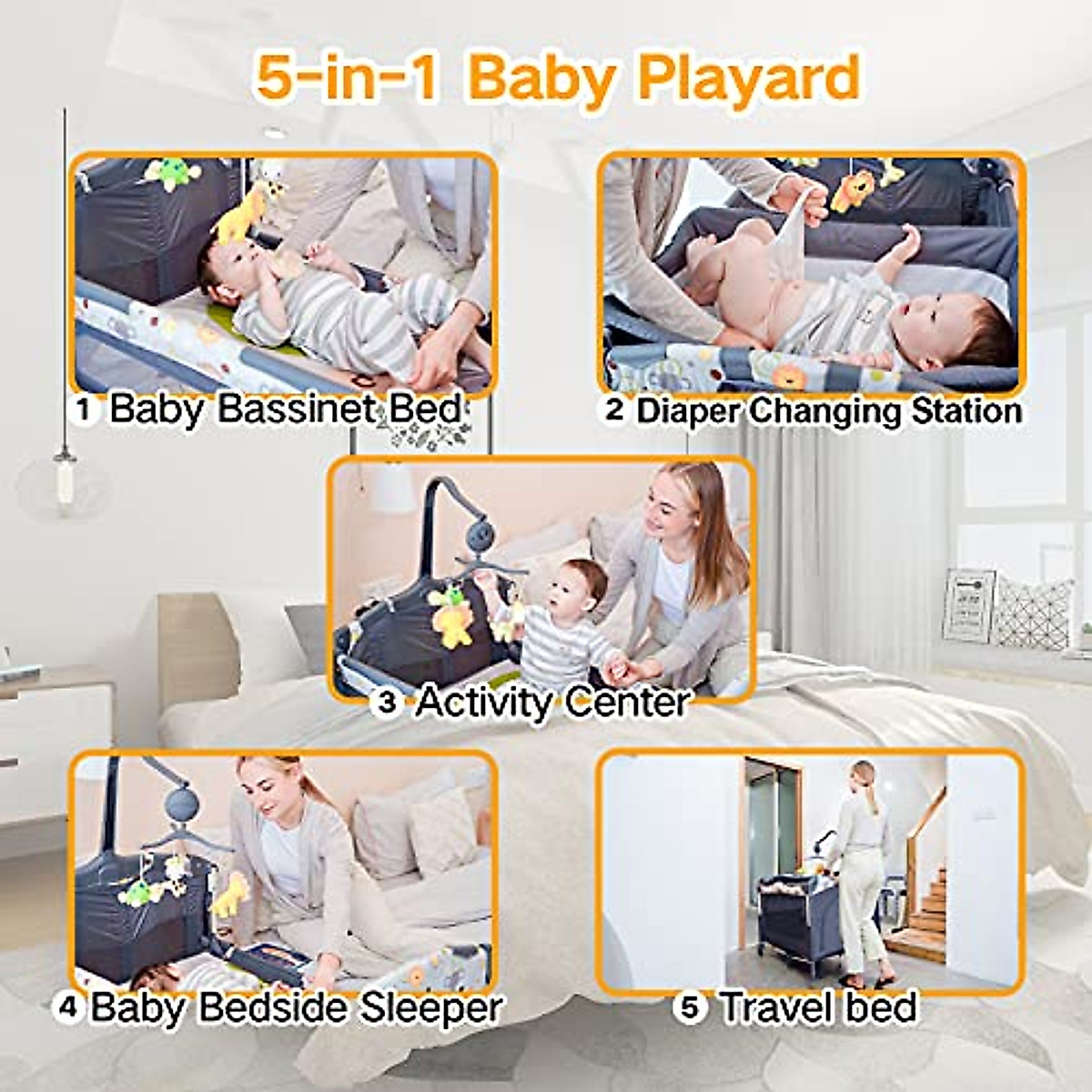 SKIH 5 in 1 baby bedside Sleeper, Bassinet with Toys & Music Box, Mattress, Foldable Playard, Portable Travel crib for Girl Boy Infant Newborn (Grey)