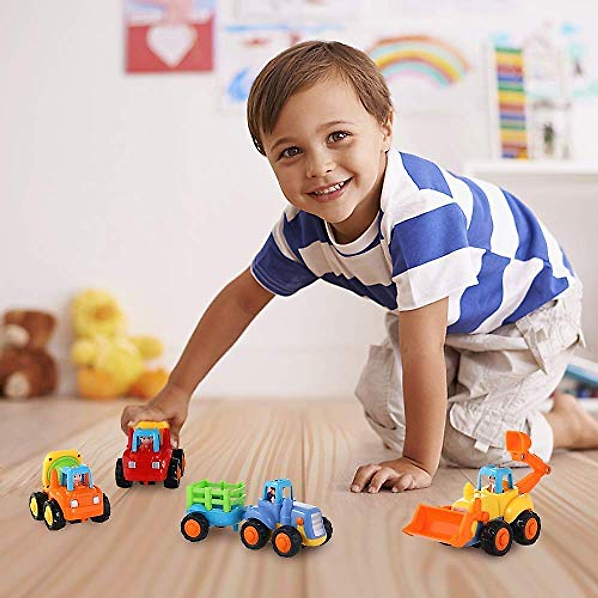 Coogam 4 Pack Friction Powered Cars Construction Vehicles Toy Set Cartoon Push and Go Car Tractor, Bulldozer, Cement Mixer Truck, Dumper for Year Old Boy Girl Kid Gift