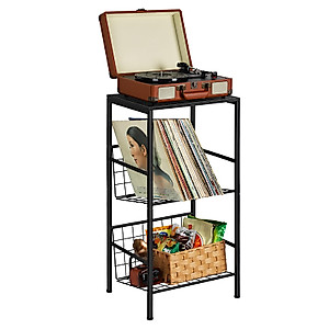Record Player Table with Storage 3 Tier Industrial Record Player Stand Small Vinyl Storage Holder Hold up to 90 Albums for Living Room Bedroom Office, Black