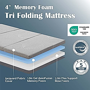 Dyonery Tri Folding Mattress 4 Inch, Twin Portable Trifold Memory Foam Mattress Topper with Washable Cover, Foldable Guest Bed, Travel Mat, 75"×38"×4", Grey