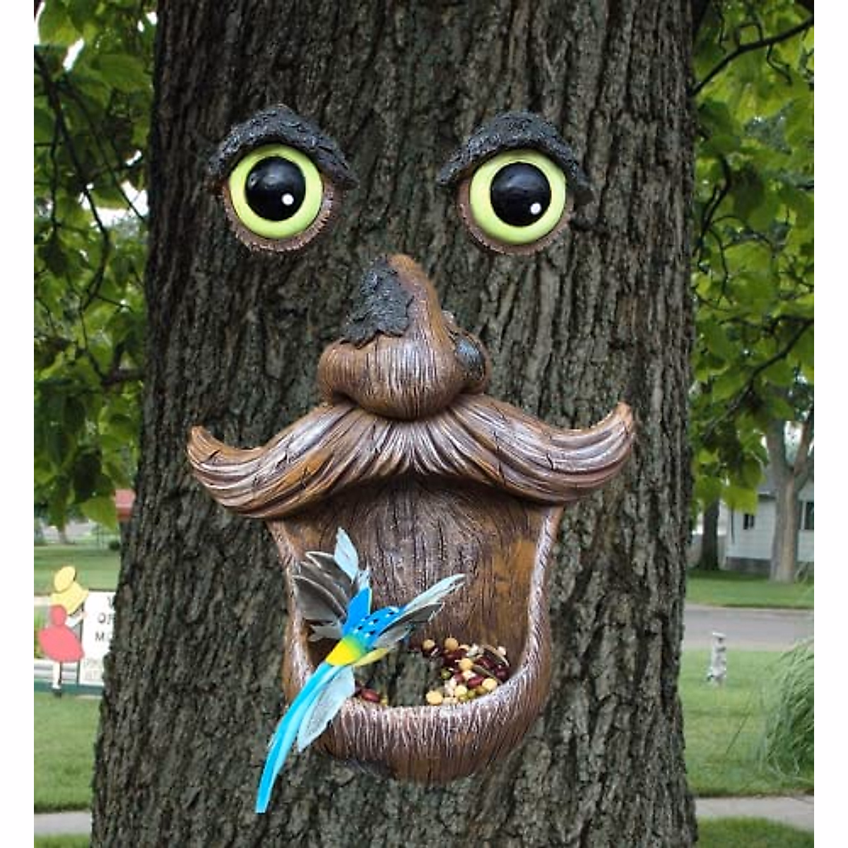 ALLADINBOX Tree Face Birdfeeder - Old Man with Glowing Eyes in Dark Outdoor Tree Hugger Sculpture - Whimsical Garden Decoration and Wild Birdfeeder Yard Art